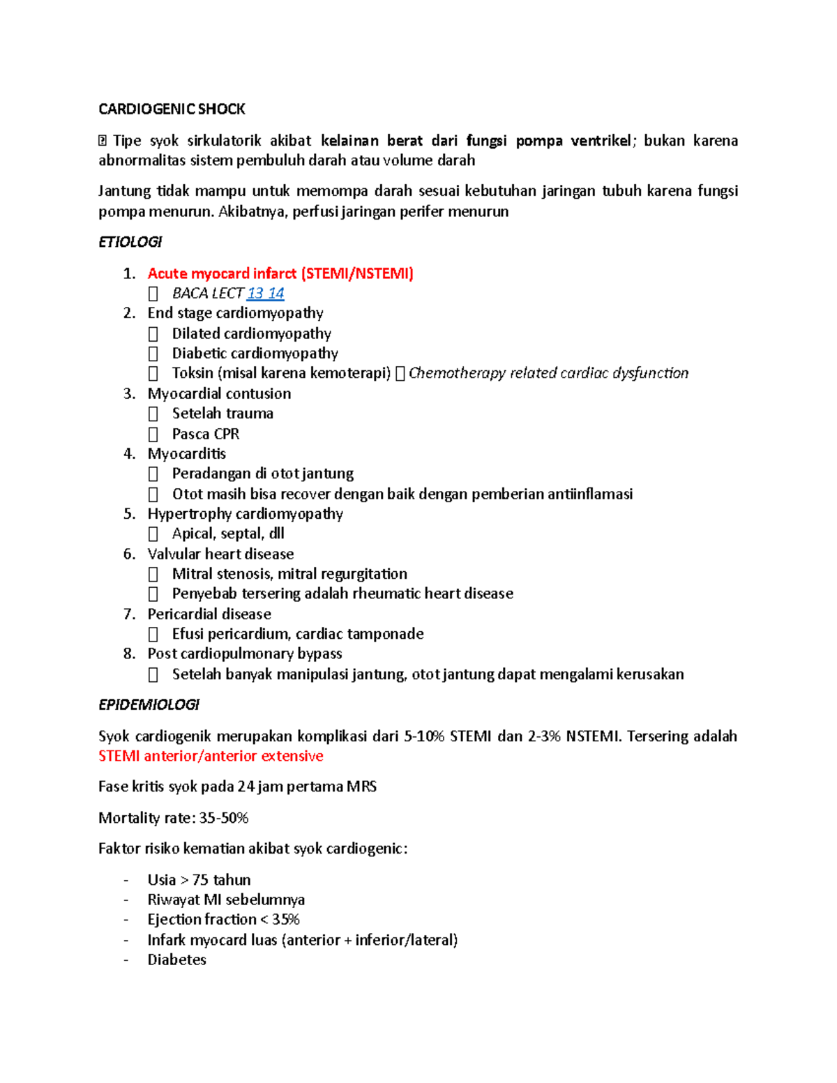 LECT 26 Cardiogenic Shock - CARDIOGENIC SHOCK 🡪 Tipe syok sirkulatorik akibat kelainan berat ...