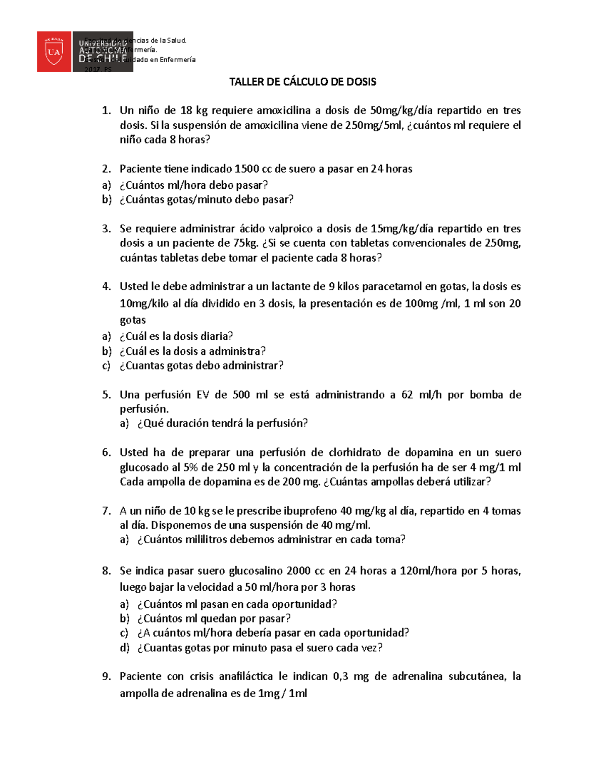 Taller Calculo DE Dosis Facultad De Ciencias De La Salud Carrera De