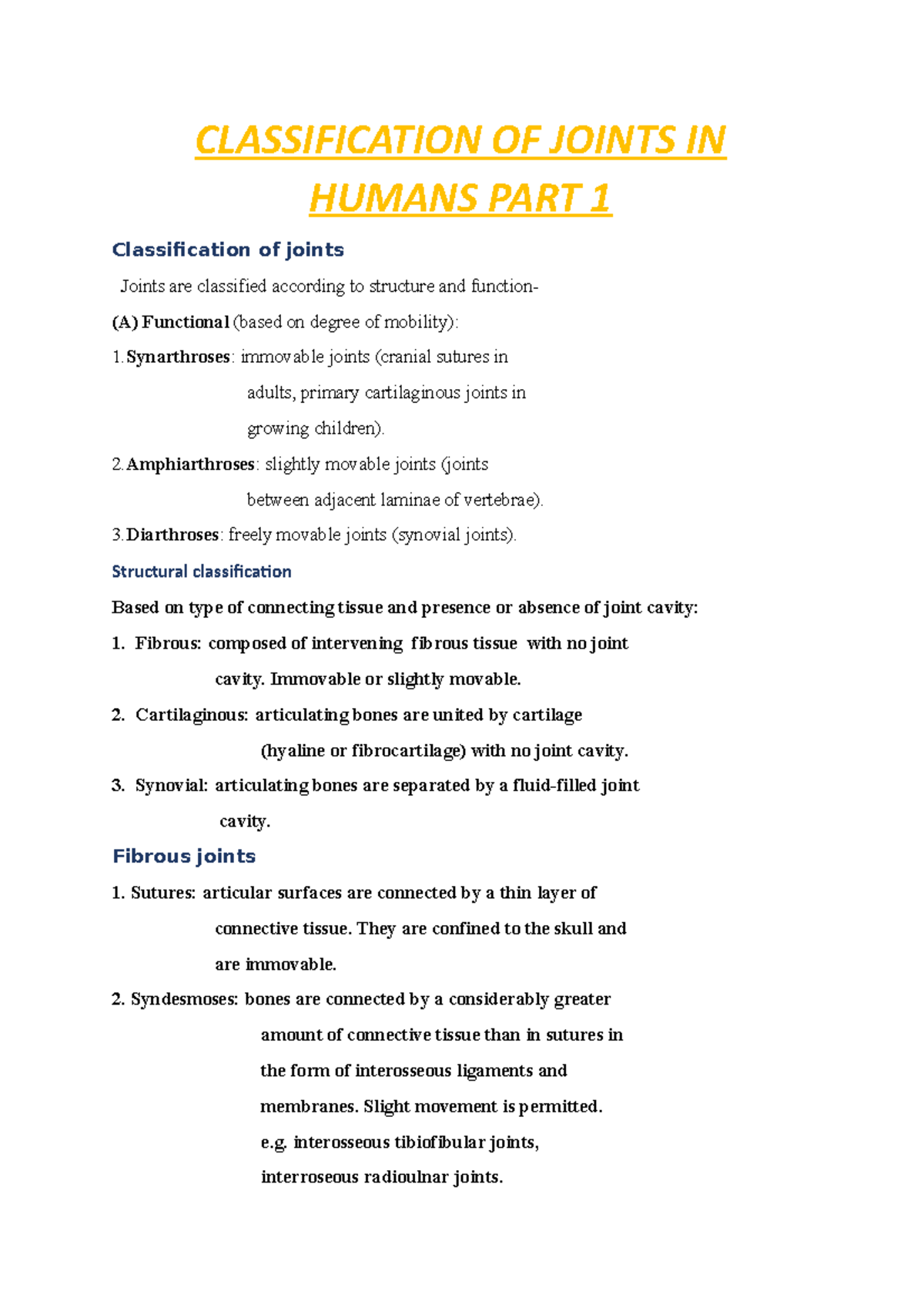 Classification OF Joints IN Humans PART 1 - CLASSIFICATION OF JOINTS IN ...