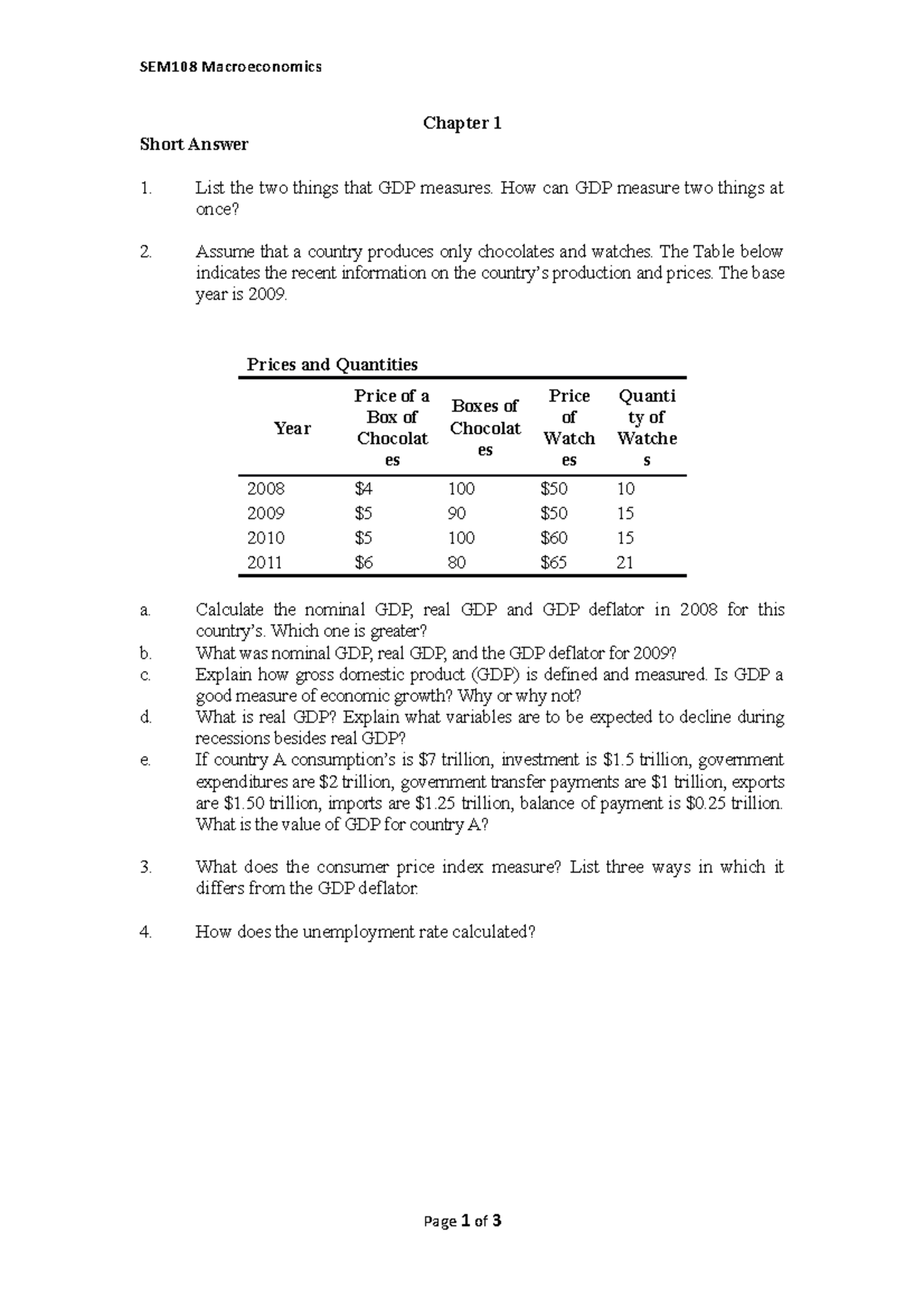 Chapter 1 Tutorial (Ques) - SEM108 Macroeconomics Chapter 1 Short ...