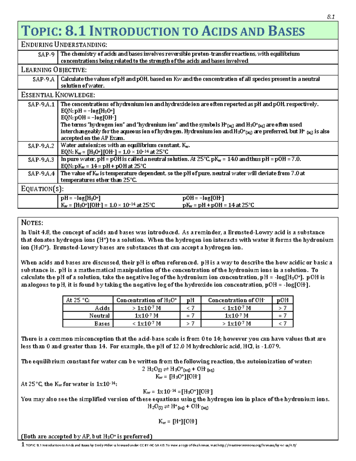 8.1 Introduction to Acids and Bases Student - TOPIC: 8. 1 INTRODUCTION ...