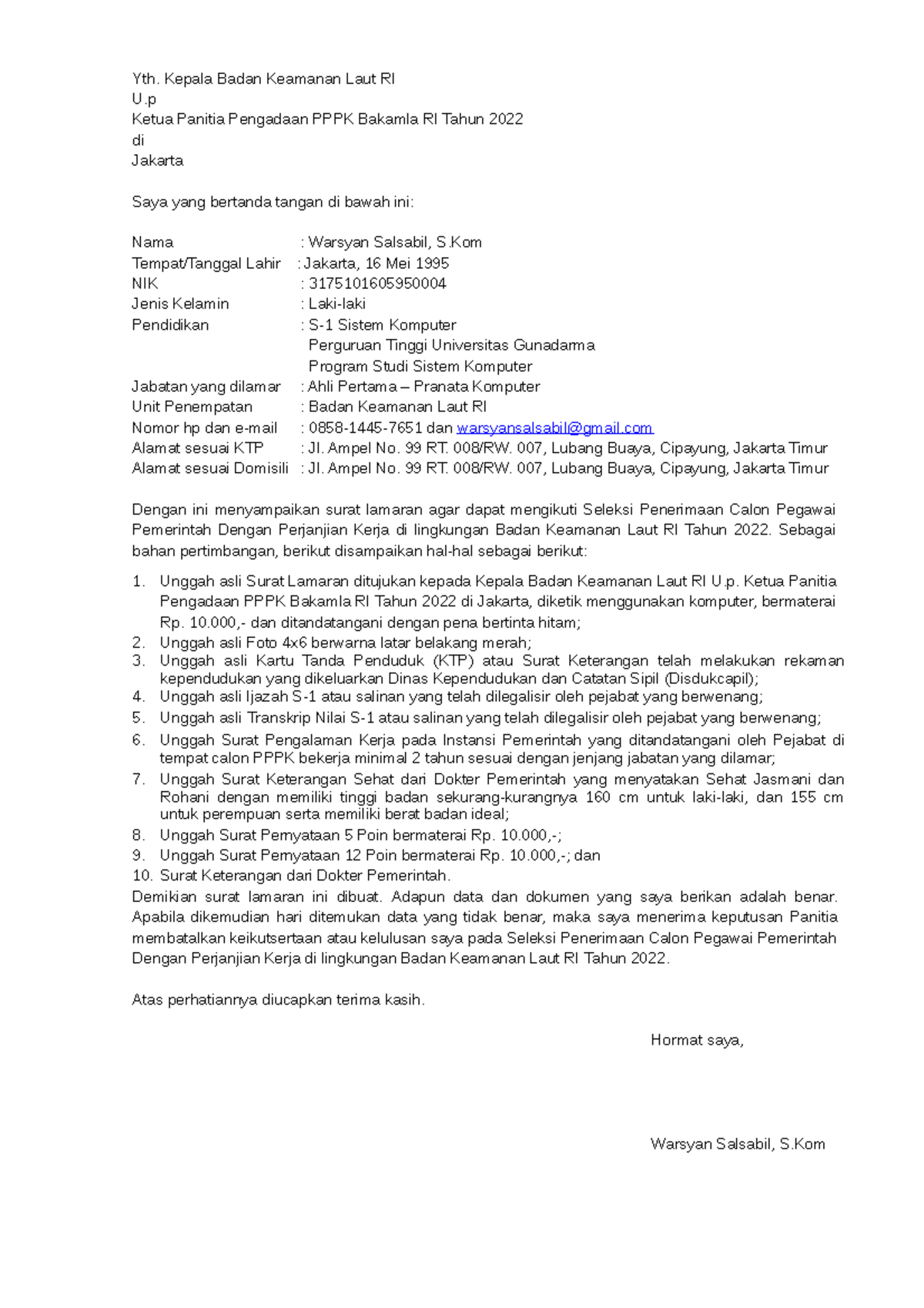 4 - surat lamaran - Yth. Kepala Badan Keamanan Laut RI U Ketua Panitia ...