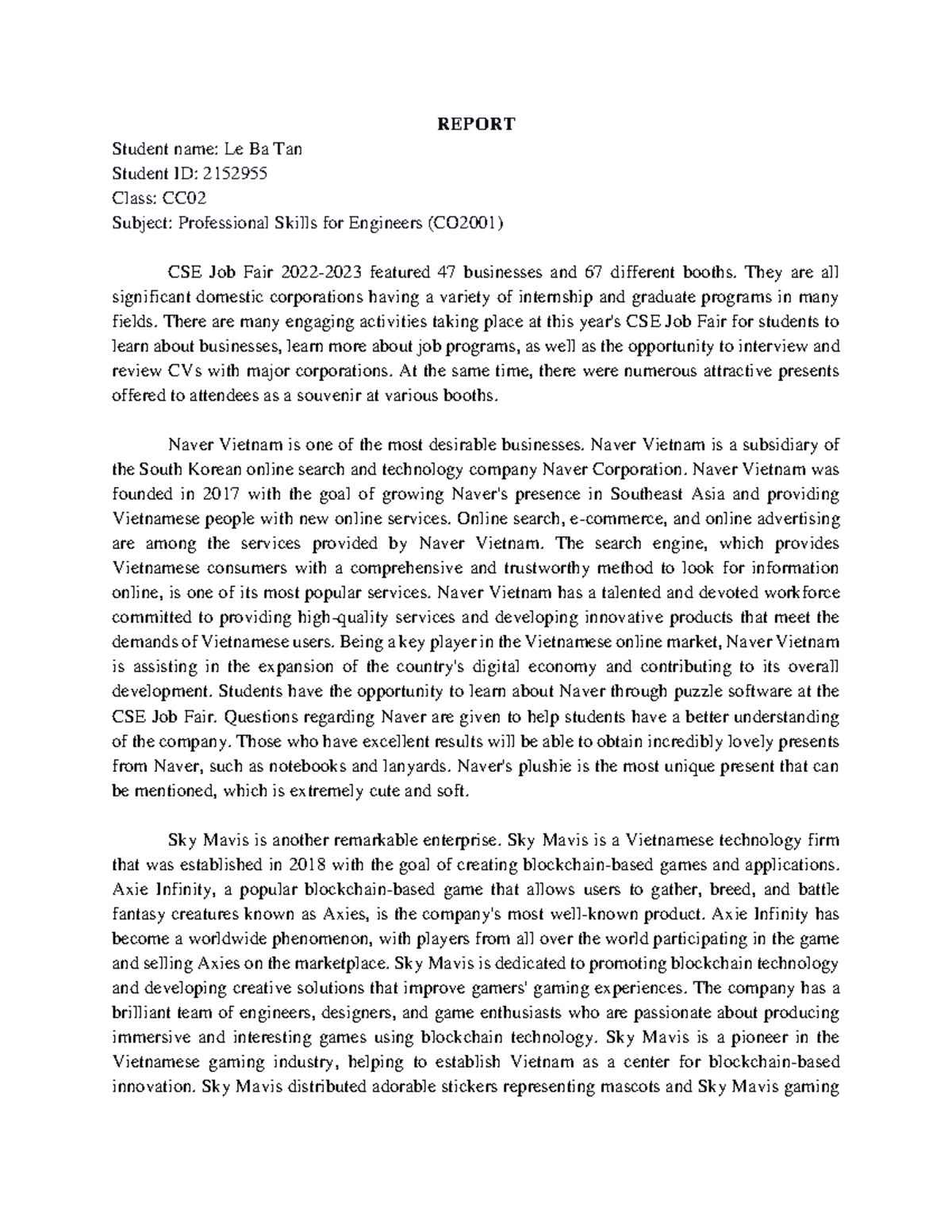 2152955-Job Fair Report-CC02 - REPORT Student name: Le Ba Tan Student ...