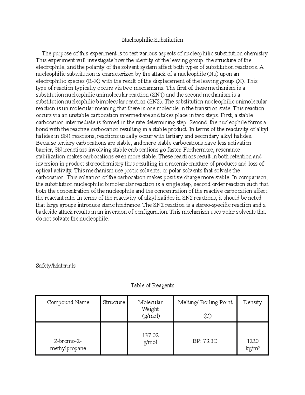 Nucleophilic Substitution Pre Lab - Nucleophilic Substitution The ...