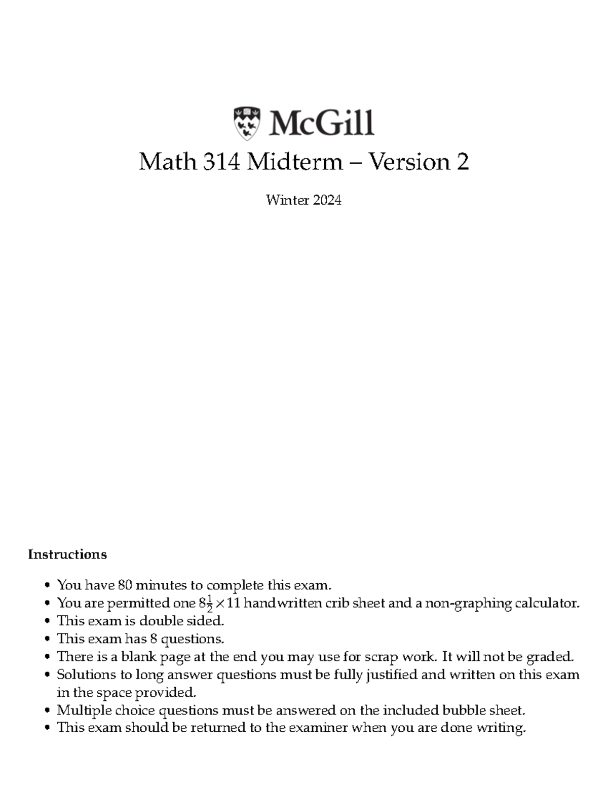midterm V2-soln - Math 314 Midterm – Version 2 Winter 2024 Instructions ...