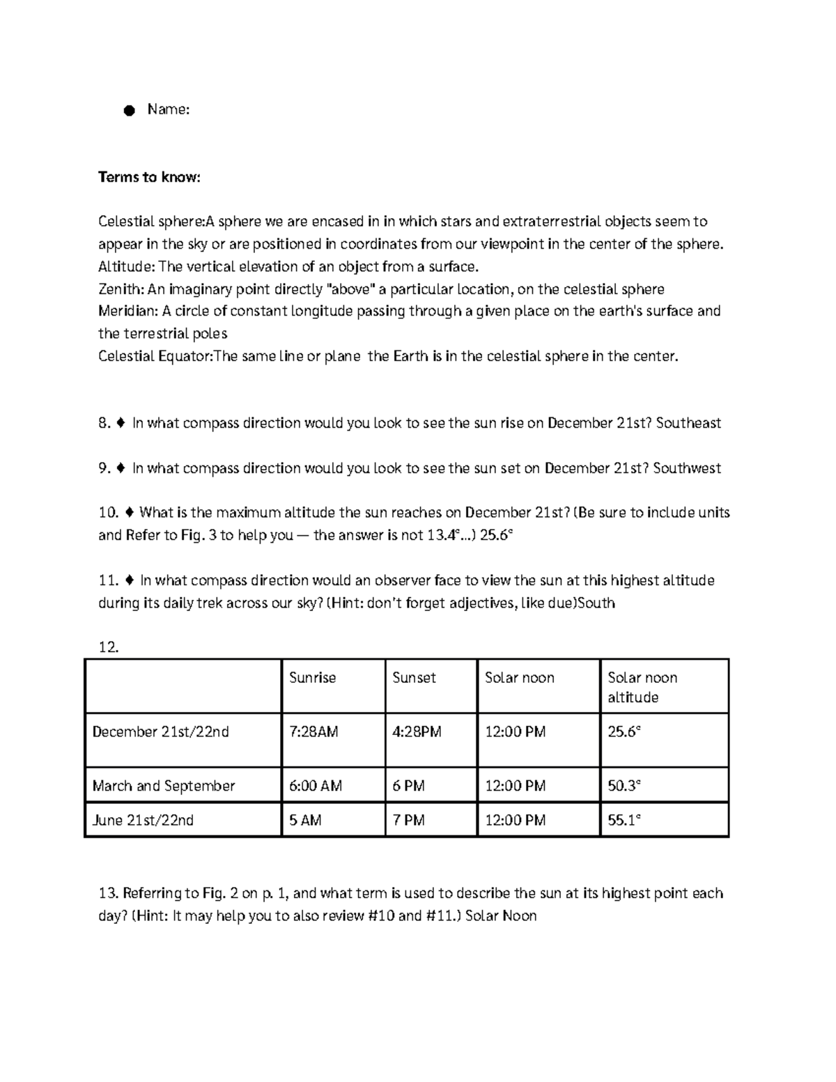 Path of the Sun 2022 - Lab - Name: Terms to know: Celestial sphere:A ...
