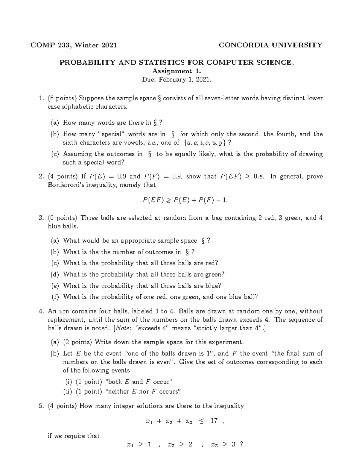 Comp 233 W21 a1 - assignment 1 - COMP 233, Winter 2021 CONCORDIA UNIVERSITY PROBABILITY AND ...