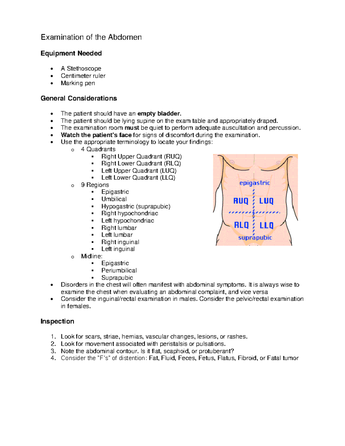 Abd Exam Guide - assessment - Examination of the Abdomen Equipment Needed A Stethoscope - Studocu