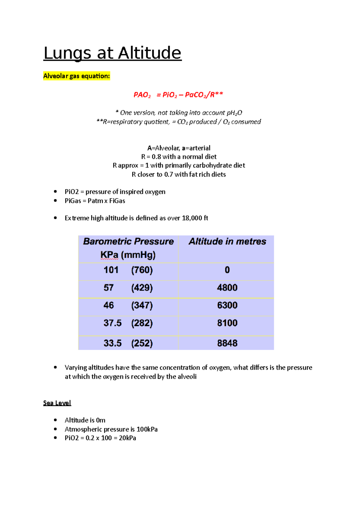 Lung at Altitude - Medicine 1st year notes - Lungs at Altitude Alveolar ...