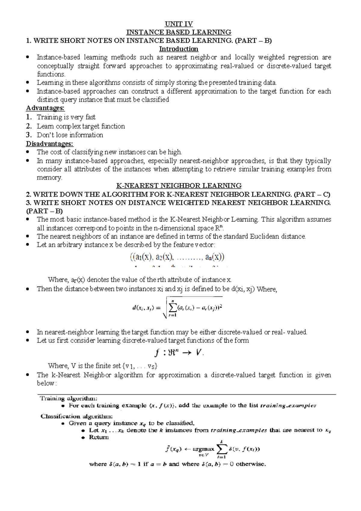 Ml Unit Iv Machine Learning Notes Unit Iv Instance Based Learning 1 Write Short Notes On