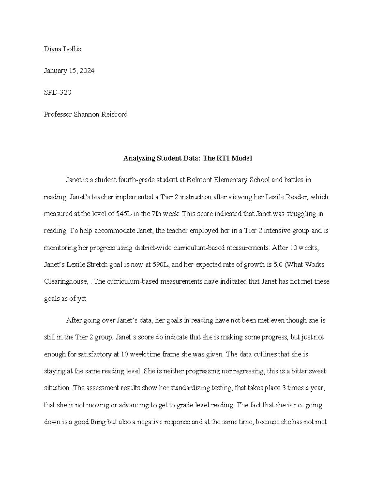 Analyzing Student Data-The RTI Model - Diana Loftis January 15, 2024 ...