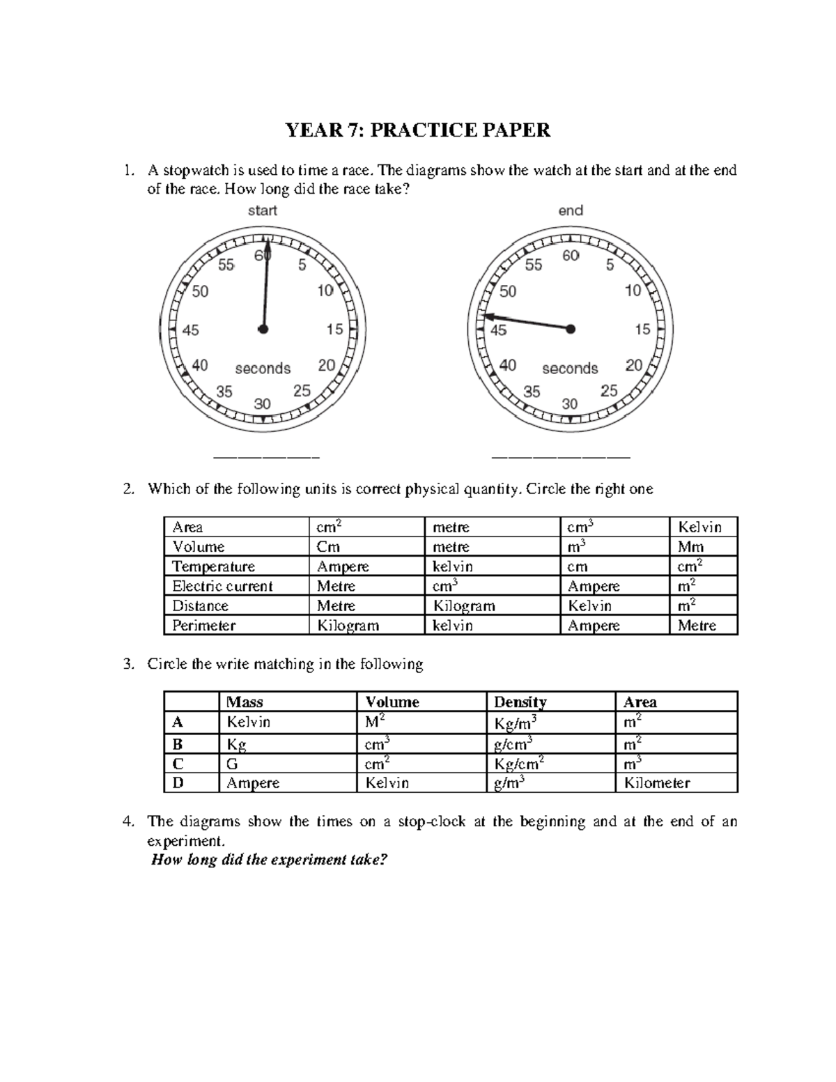 YEAR 7 - Physics revision worksheet - YEAR 7: PRACTICE PAPER A ...