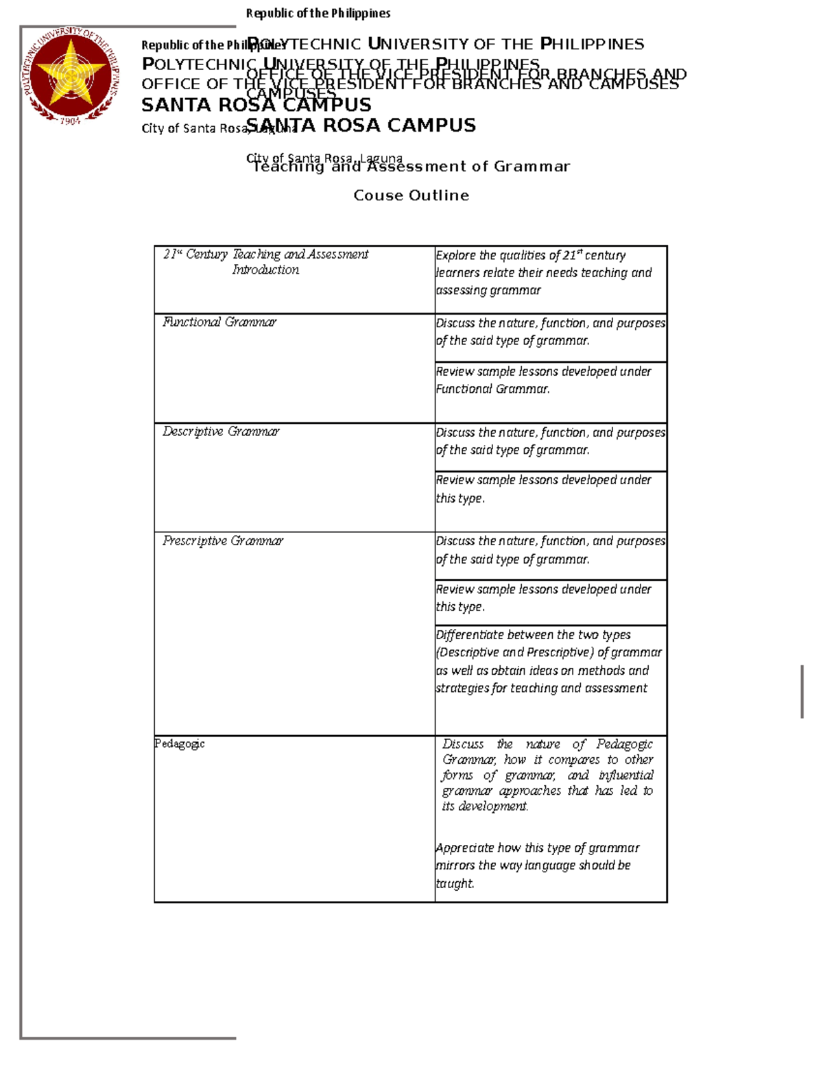 TEAS-Course-Outline - Course Outline - Teaching and Assessment of ...
