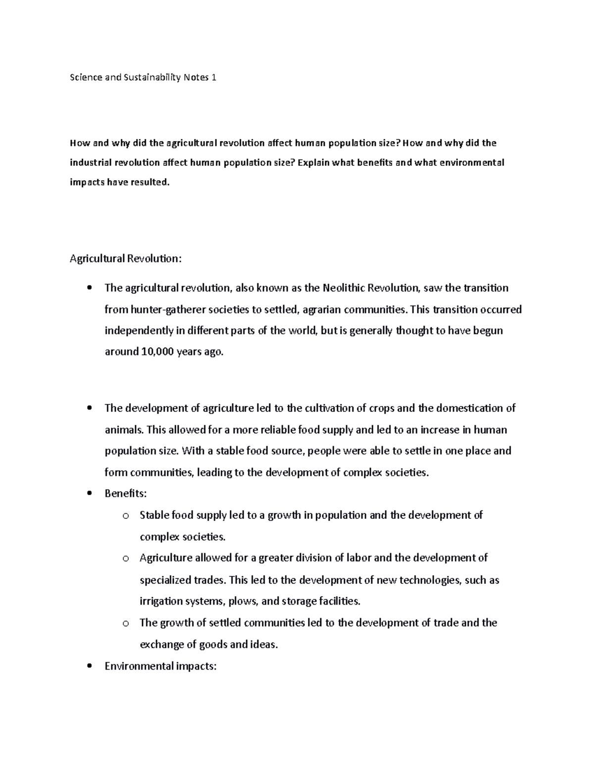 Science and Sustainability Notes 1 - Agricultural Revolution: The ...