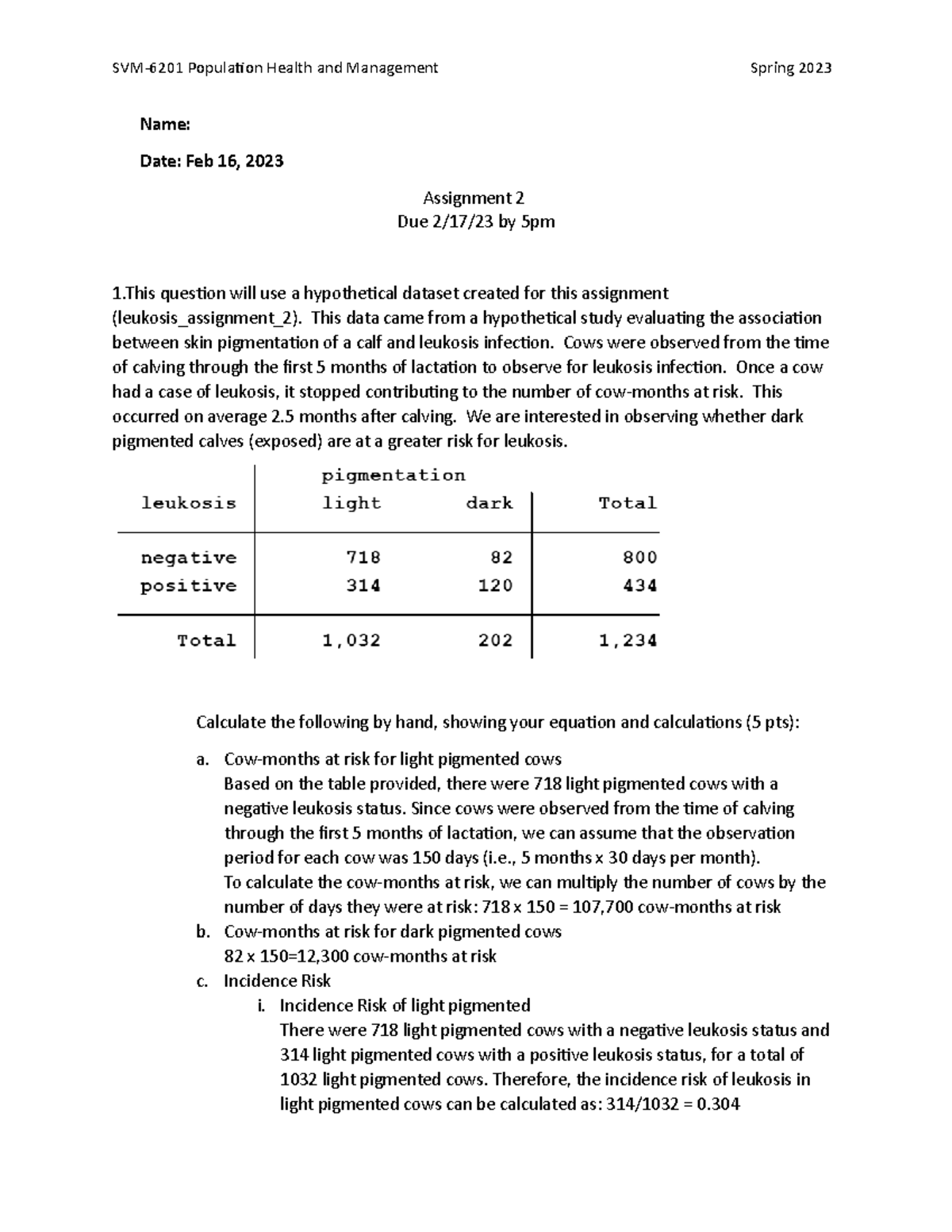 Measures of association - Name: Date: Feb 16, 2023 Assignment 2 Due 2 ...