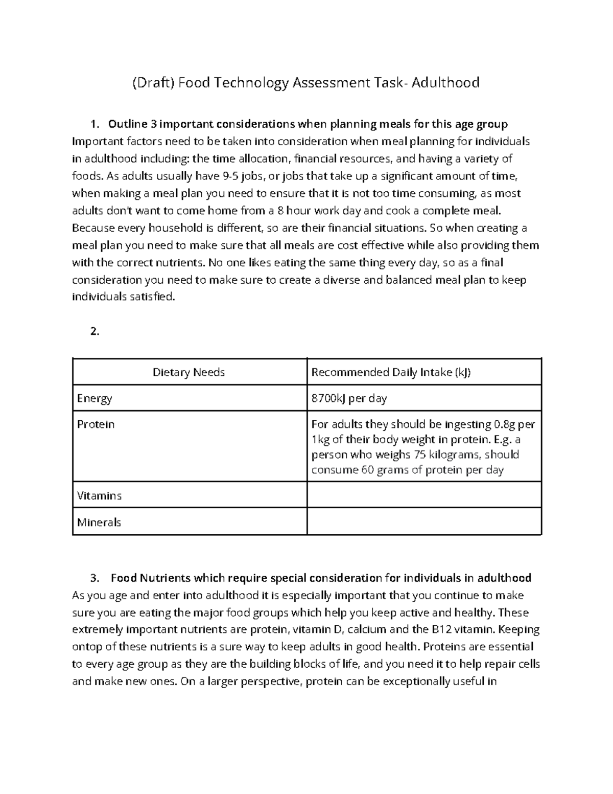 (Draft) Food Technology Assessment Task- Adulthood - As adults usually have 9-5 jobs, or jobs ...