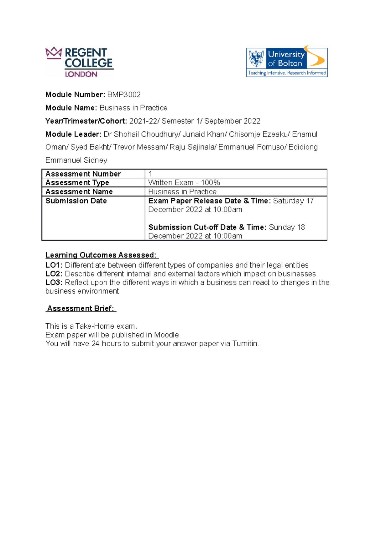 BMP3002 BP As1 Brief Sept 2022 Cohort - Module Number: BMP Module Name: Business in Practice ...