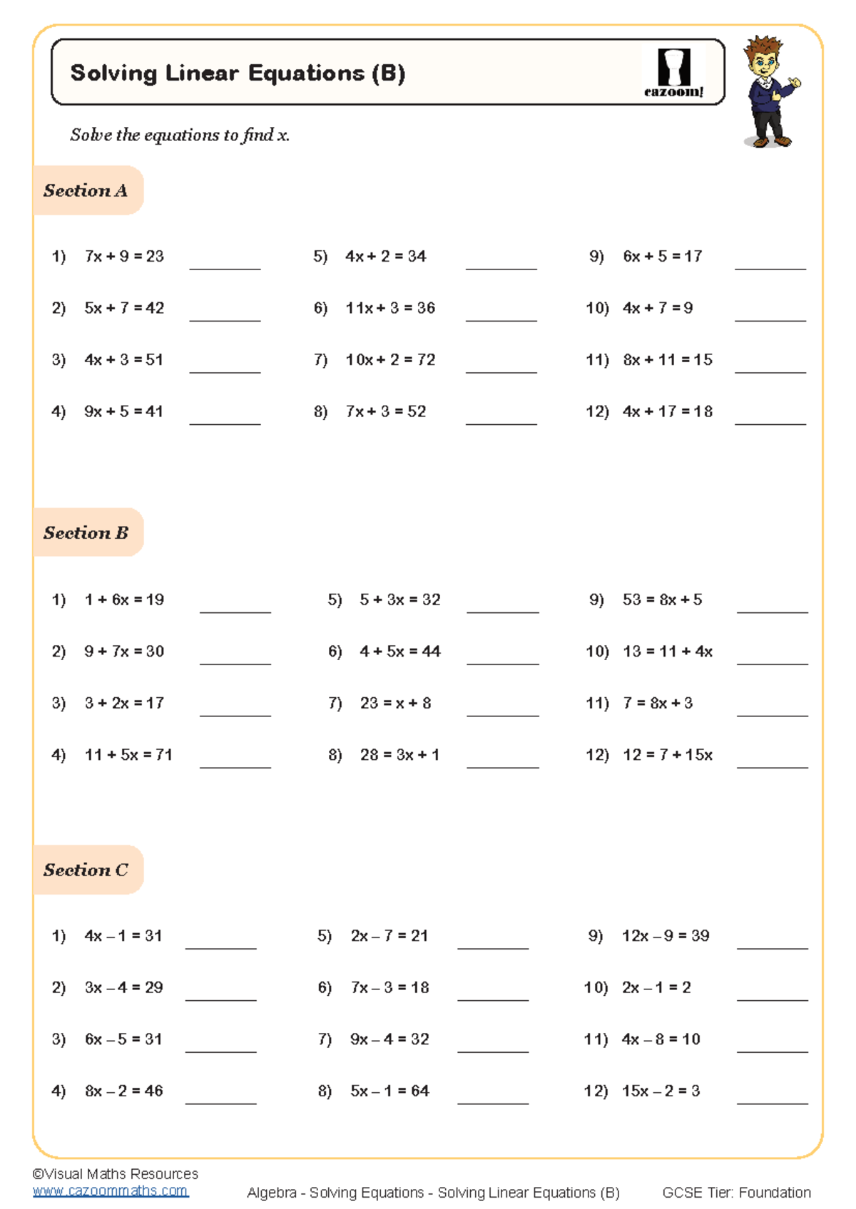 Worksheet 1 - ©Visual Maths Resources cazoommaths Algebra - S olving E ...