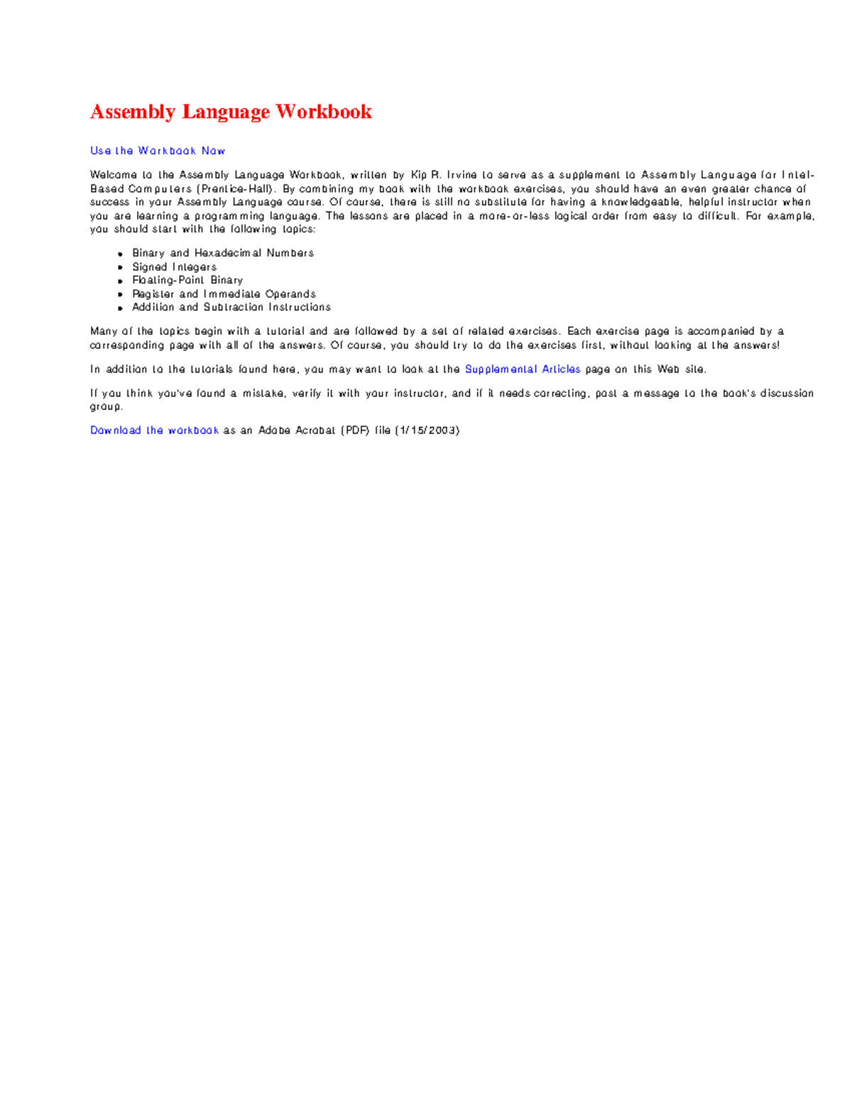 Asm Workbook - Assembly Language Workbook Use the Workbook Now Welcome ...