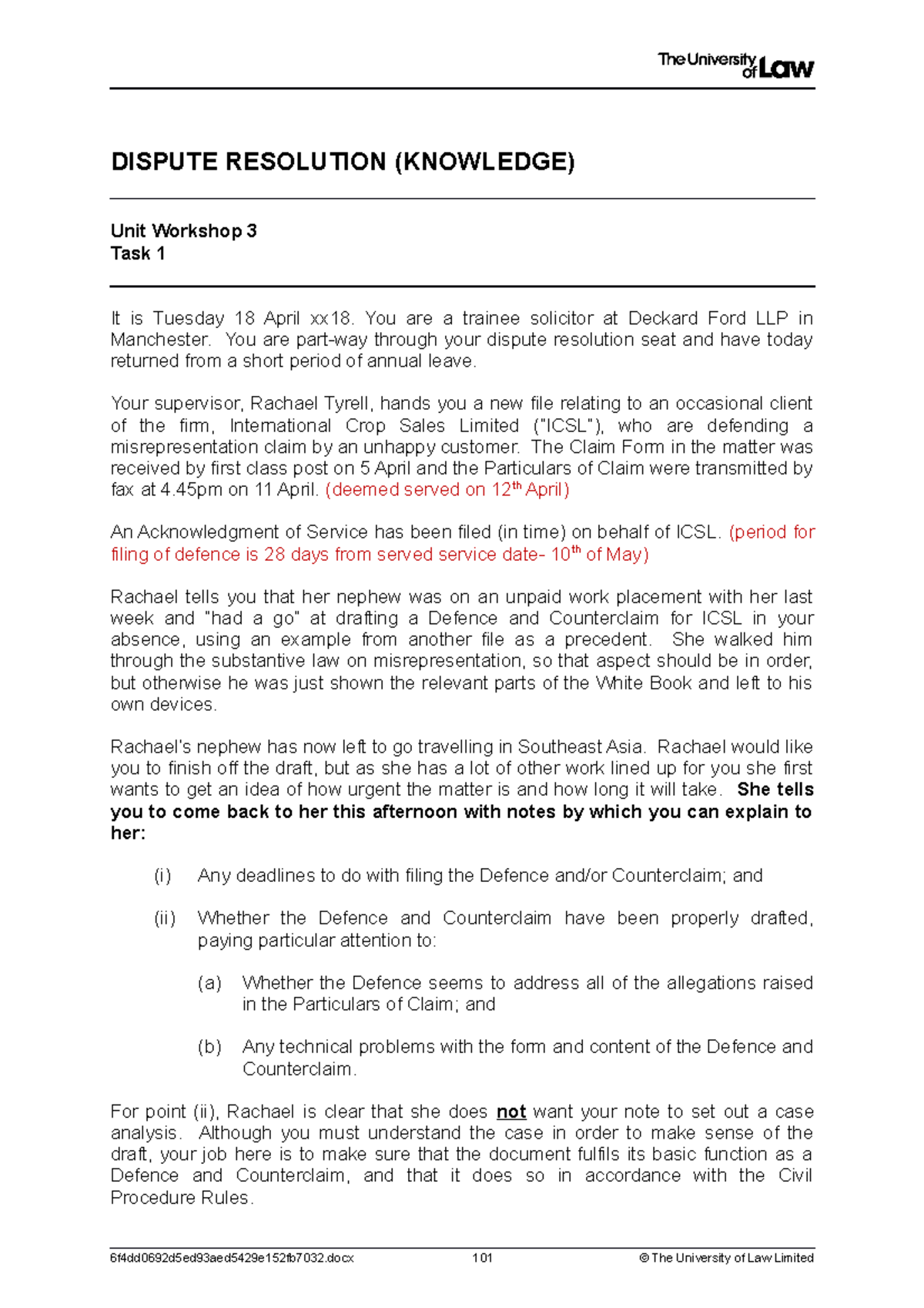 Task 1 Exemplar - Statements of Case - DISPUTE RESOLUTION (KNOWLEDGE ...