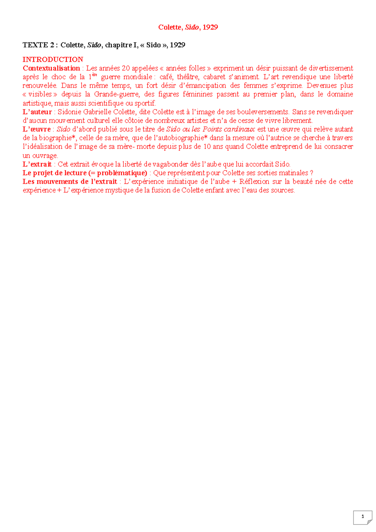 Etude linéaire texte 2 Colette Sido - Colette, Sido, 1929 TEXTE 2 ...