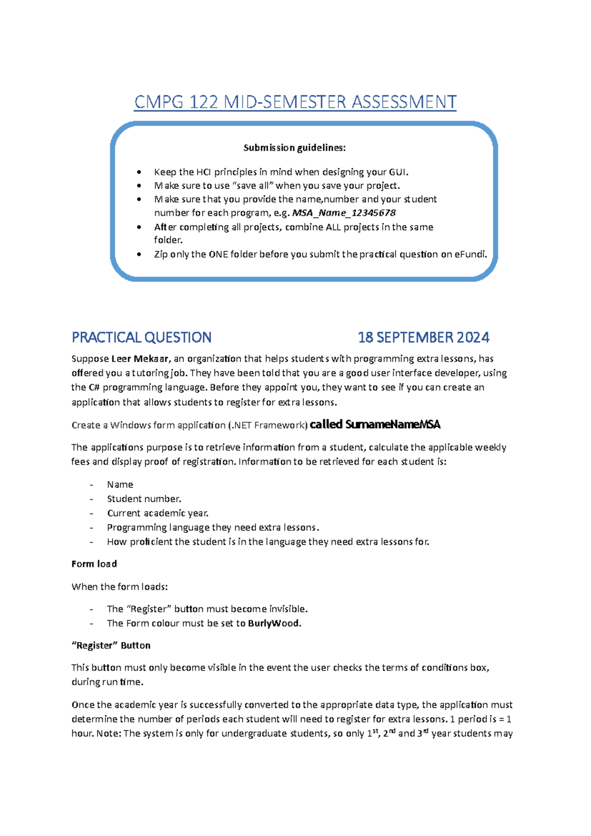 CMPG122 Mid-semester assessment - Practical question - CMPG 122 MID-SEMESTER ASSESSMENT ...