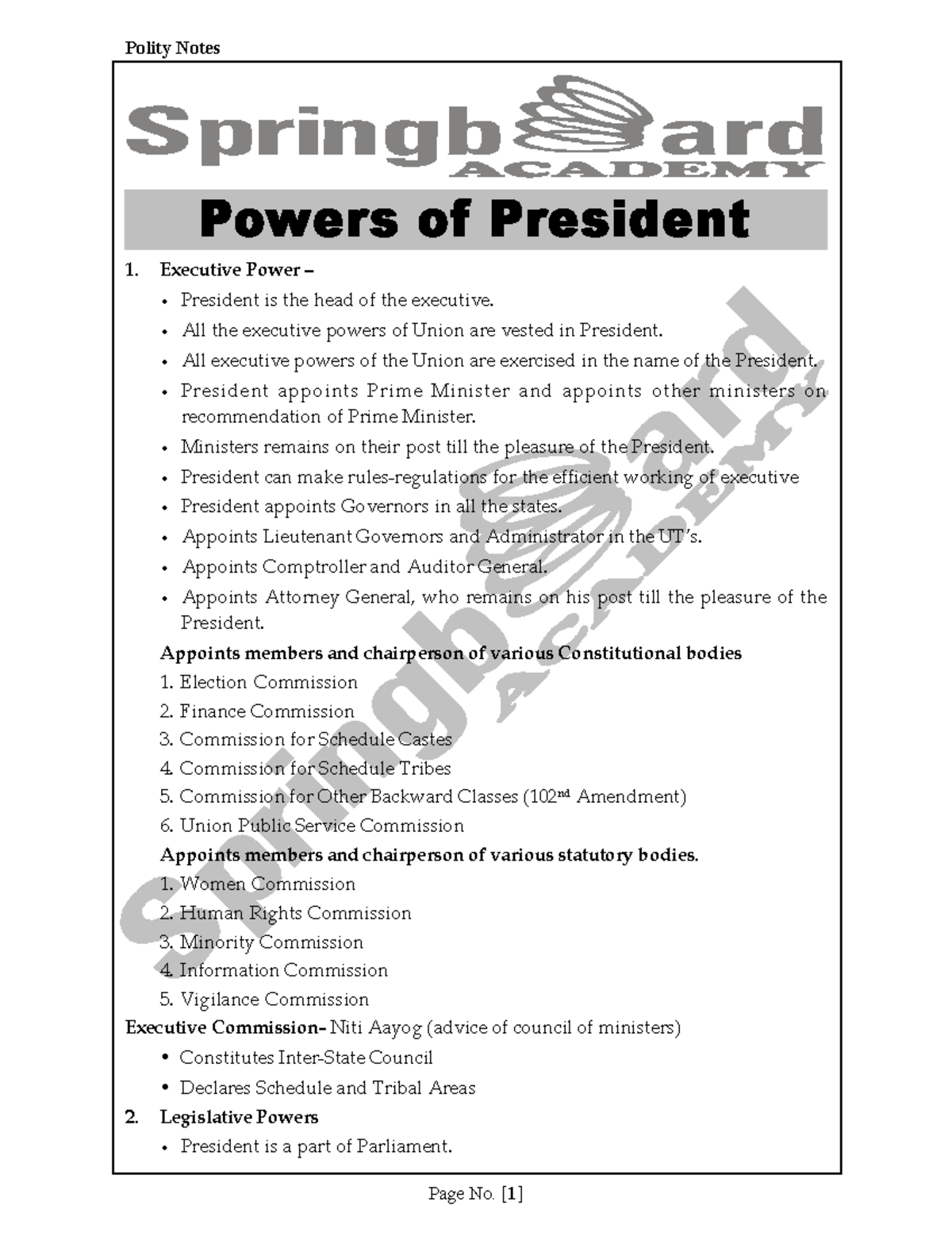 36 power of president - Page No. [ 1 ] Polity Notes Powers of President ...