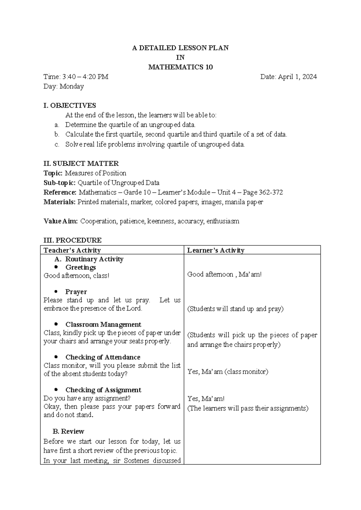 A Detailed Lesson PLAN - A DETAILED LESSON PLAN IN MATHEMATICS 10 Time ...