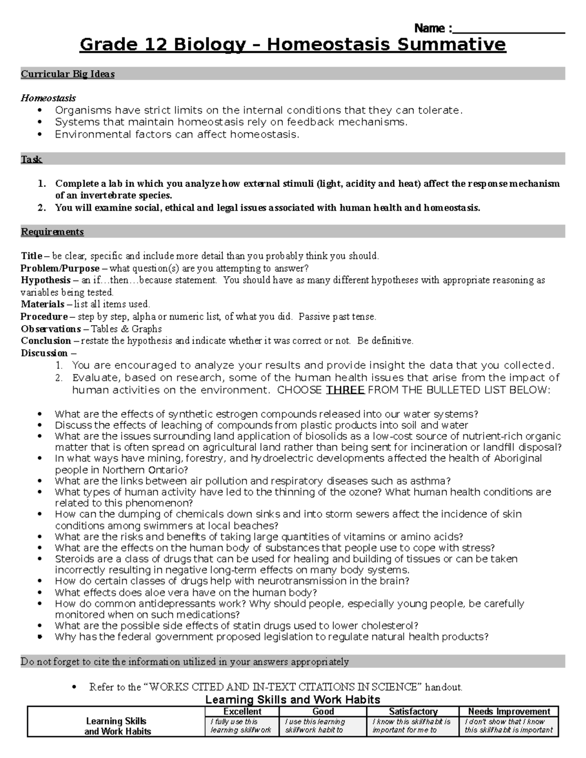 Grade 12 Bio Summative Lab - Homeostasis - Name ...