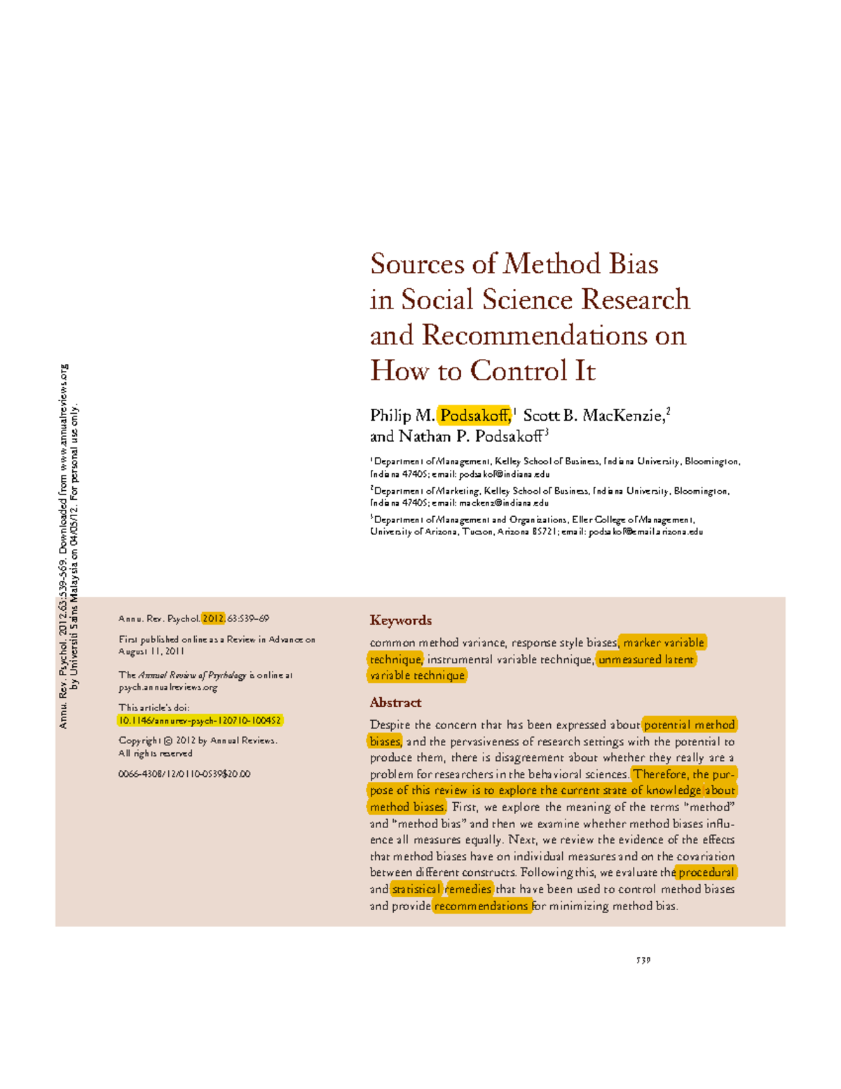 (Podsakoff et al. 2012 )- Common Method Bias in social science research ...