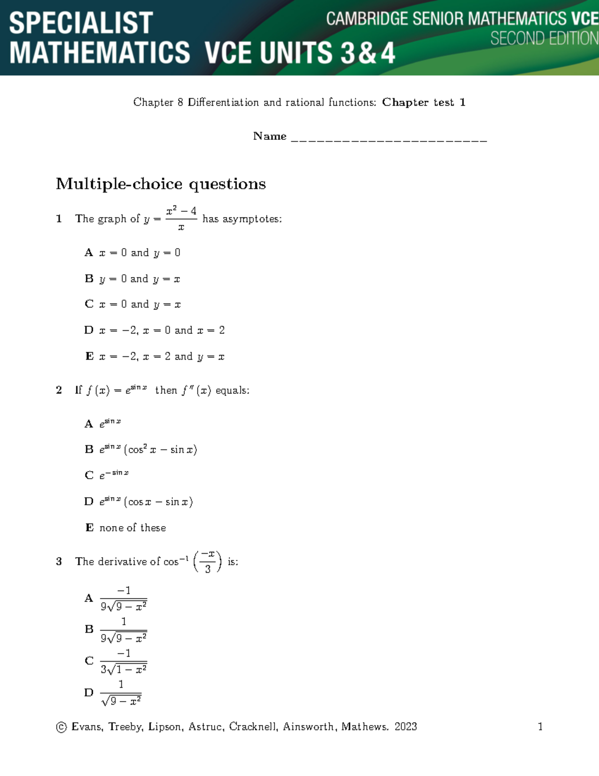 Chapter 8 test 1 - practice test - Chapter 8 Differentiation and ...