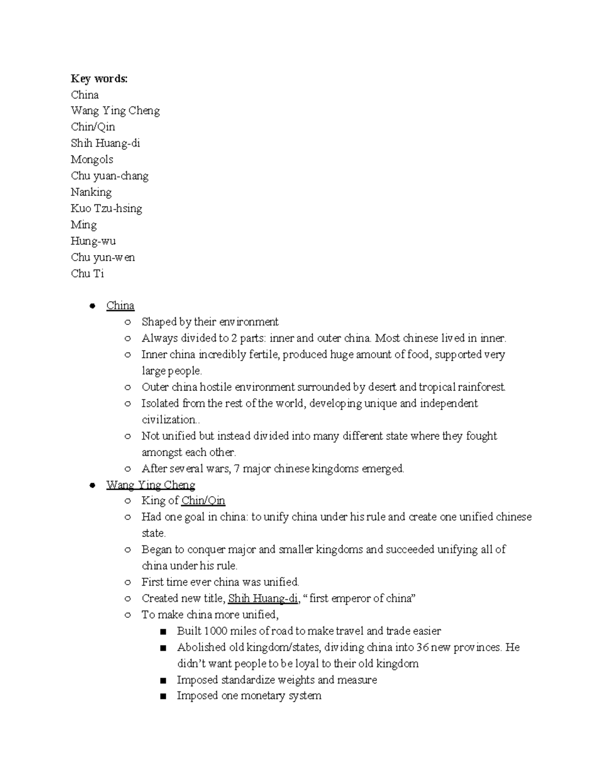 HIST010 lecture 7 - summer - Key words: China Wang Ying Cheng Chin/Qin ...