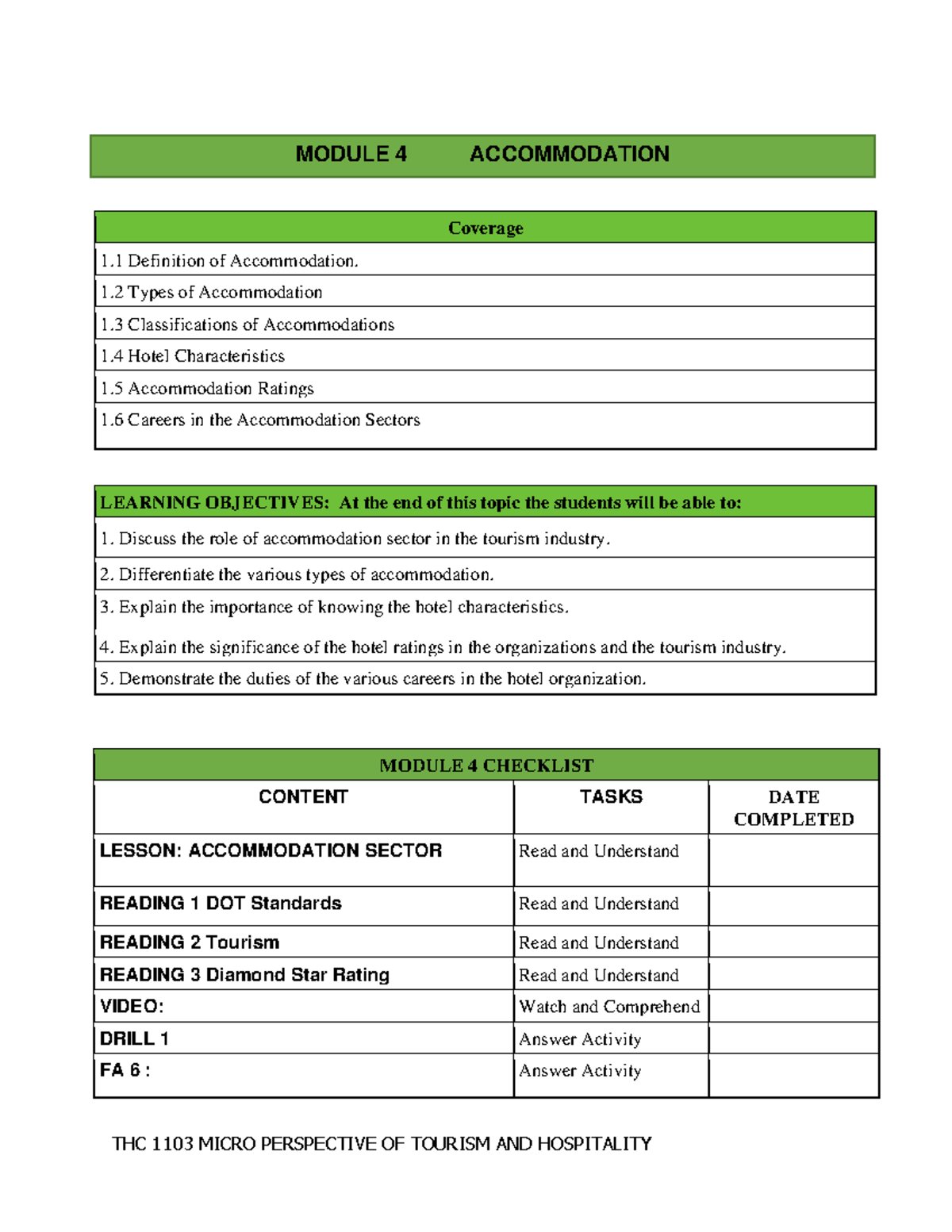 Module 4- Accommodation - MODULE 4 CHECKLIST CONTENT TASKS DATE COMPLETED LESSON: ACCOMMODATION ...