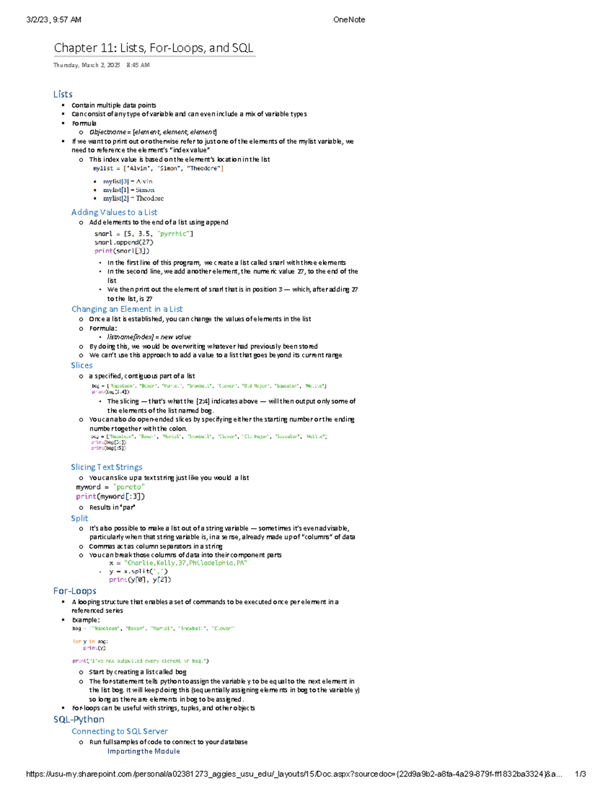 Chapter 11: Lists, For-Loops, and SQL - 3/2/23, 9:57 AM OneNote - Studocu