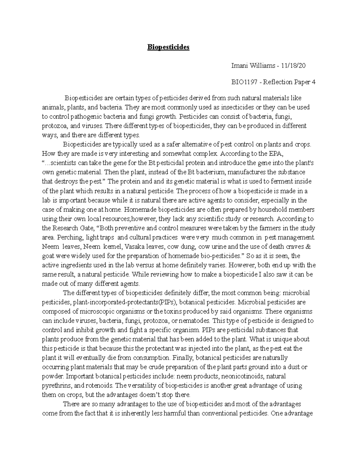 Biopesticides - reflection paper - Biopesticides Imani Williams - 11/18 ...