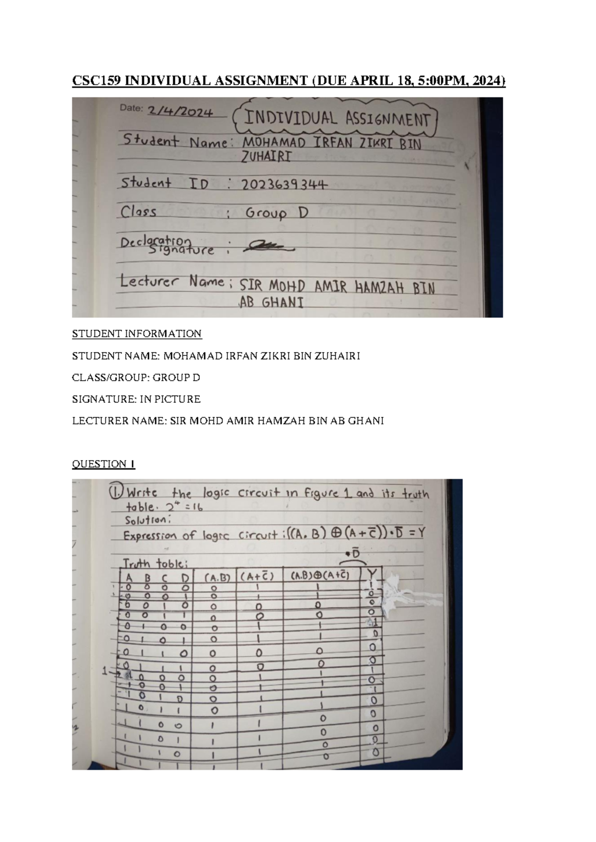 CSC159 Individual Assignment Completion - Computer Organization and Architecture - Studocu