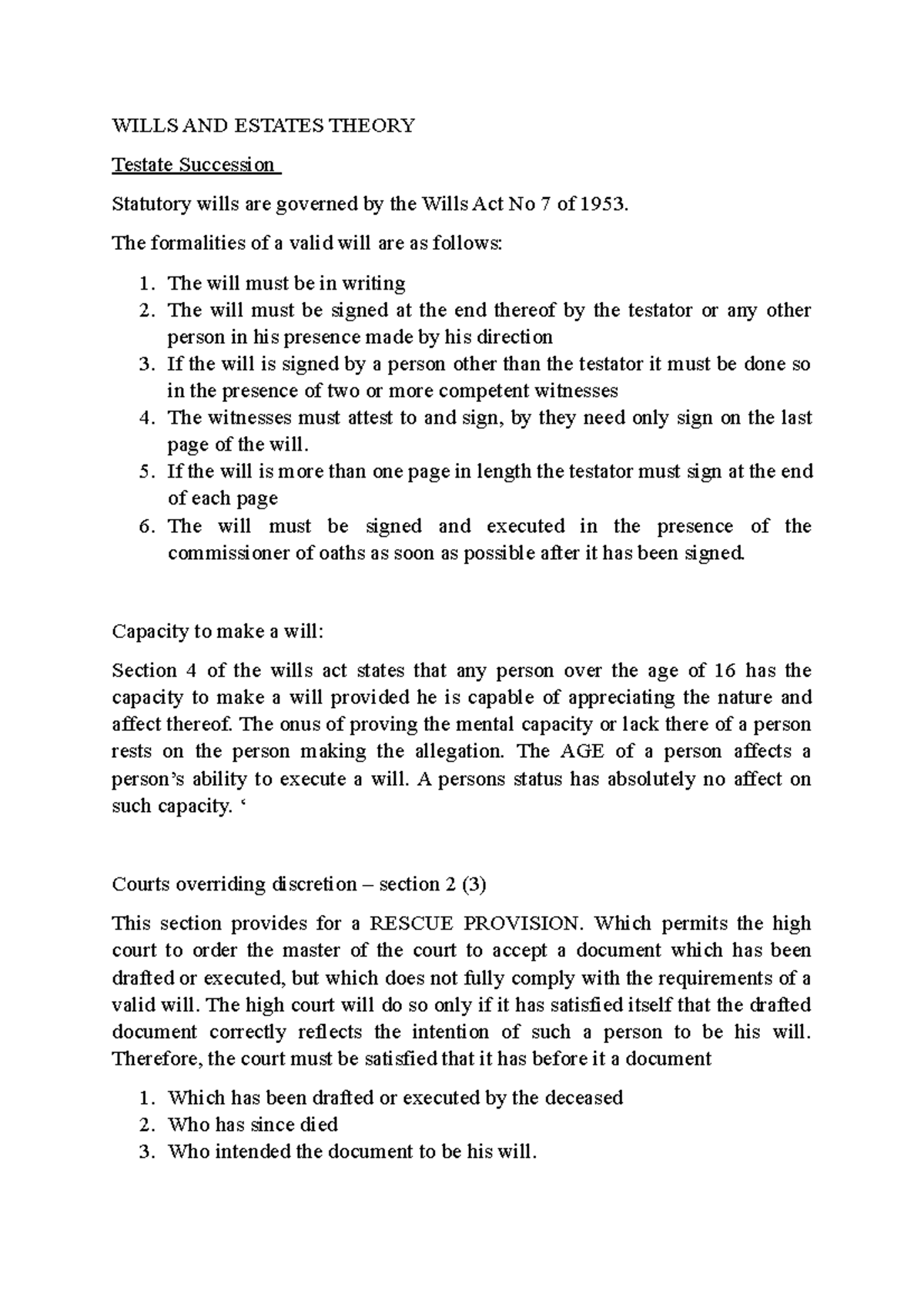 Wills AND Estates Theory - WILLS AND ESTATES THEORY Testate Succession ...