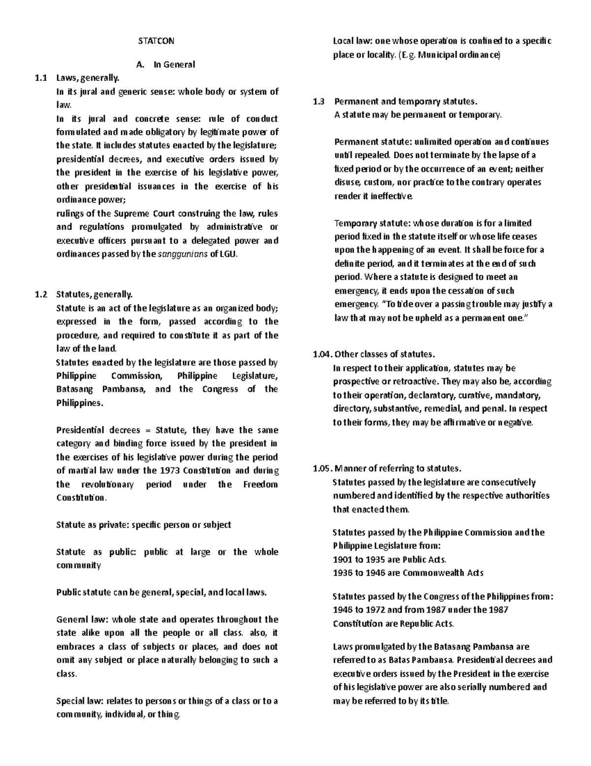 Statcon - STATCON A. In General 1 Laws, generally. In its jural and generic sense: whole body or ...