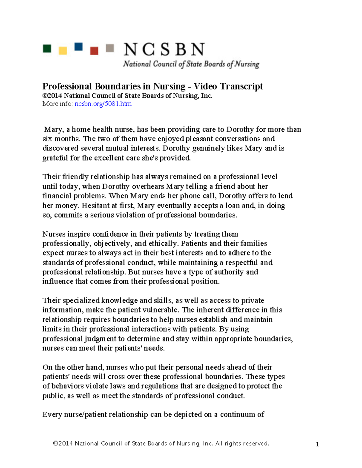 Transcript Professional Boundaries - ©2014 National Council of State Boards of Nursing, Inc. All ...