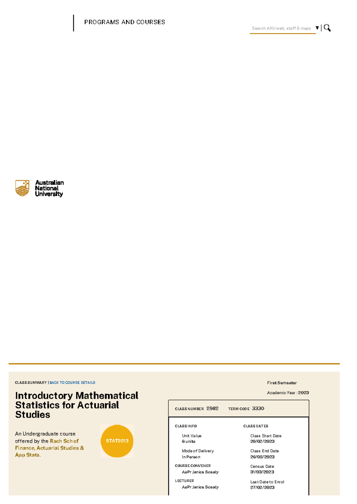 STAT 2013 - outline - PROGRAMS AND COURSES Search ANU web, staff & maps ...