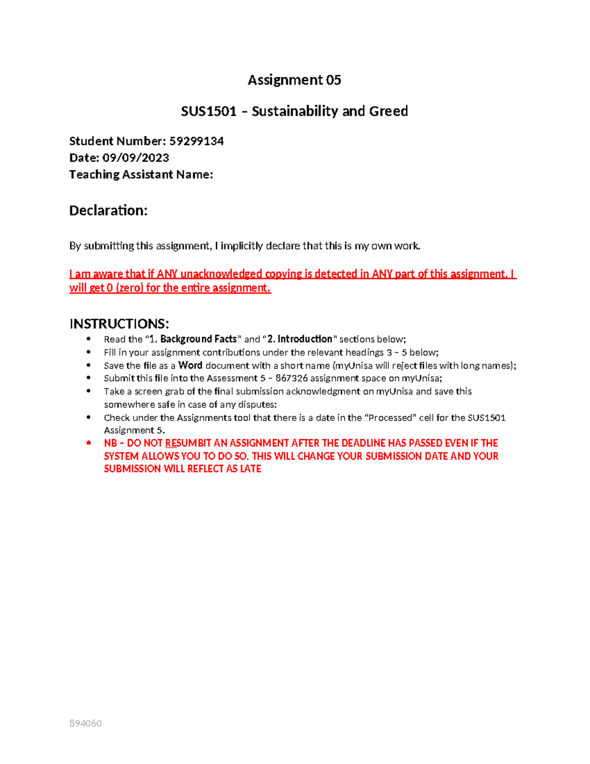 Assessment 5 SUS1501 Student 59299134 - Assignment 05 SUS1501 ...