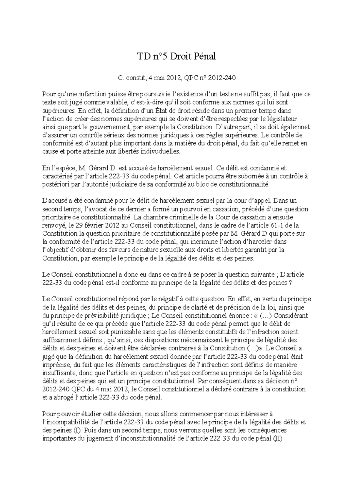 TD n°5 droit pénal - TD n°5 Droit Pénal C. constit, 4 mai 2012, QPC n° 2012- Pour qu’une ...