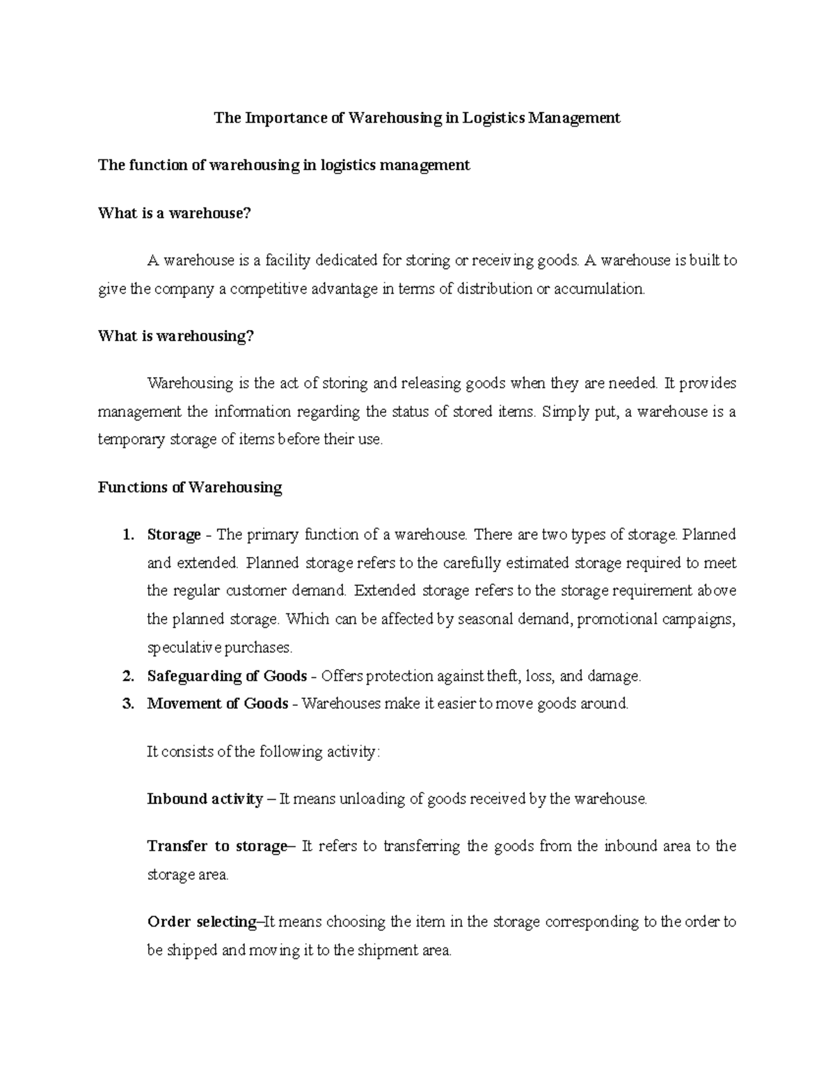 Warehousing Full Report - The Importance of Warehousing in Logistics ...