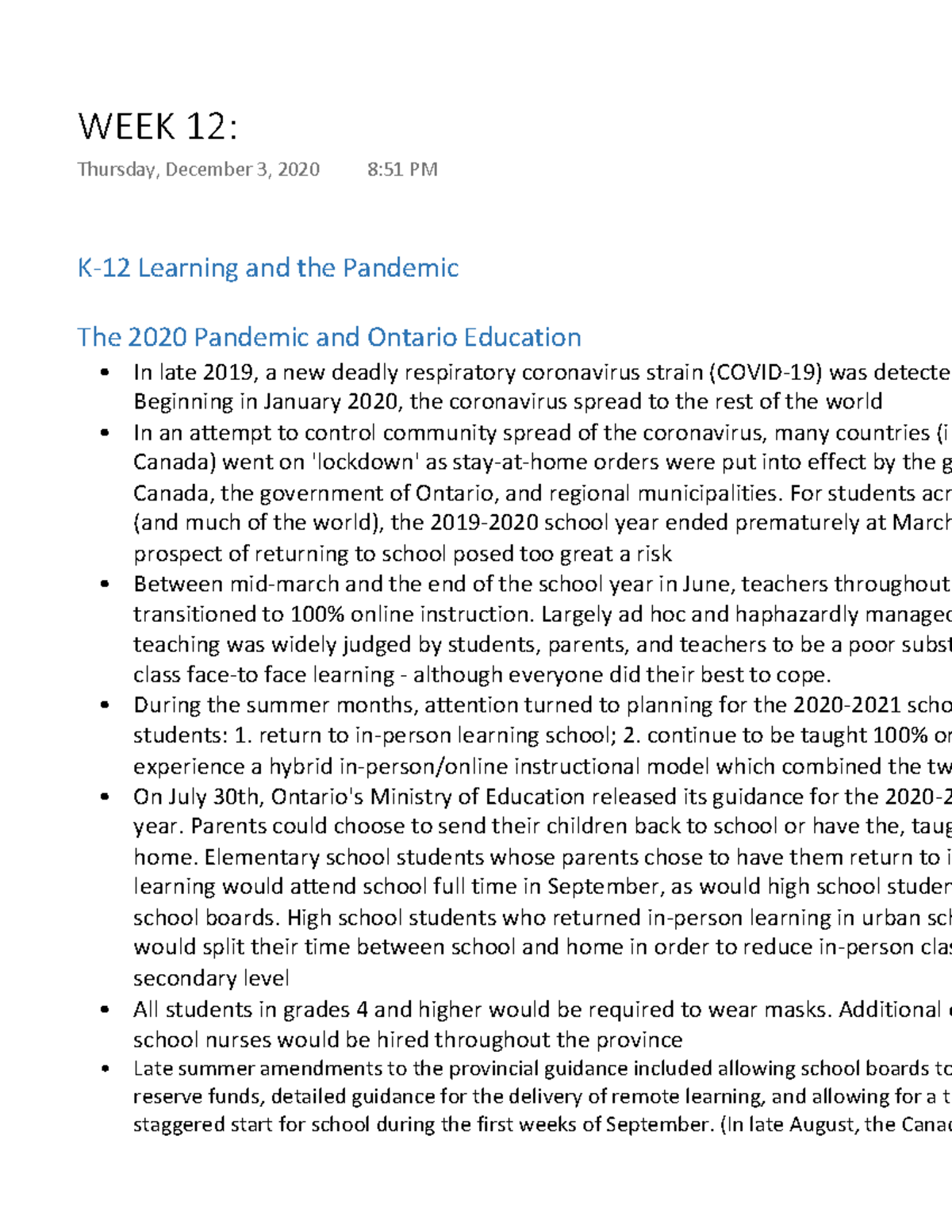 WEEK 12 - Lecture notes 12 - K-12 Learning and the Pandemic The 2020 ...