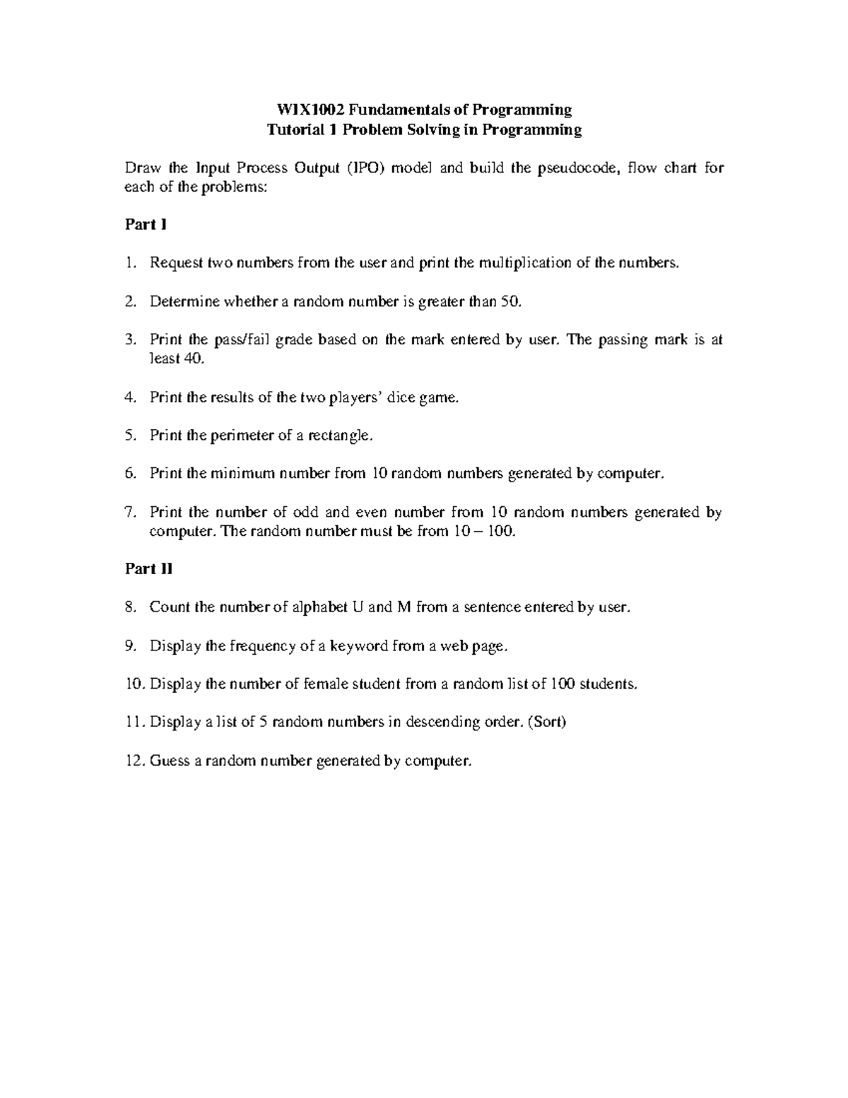 T-1002-01 - Fundamentals of programming - WIX1002 Fundamentals of Programming Tutorial 1 Problem ...