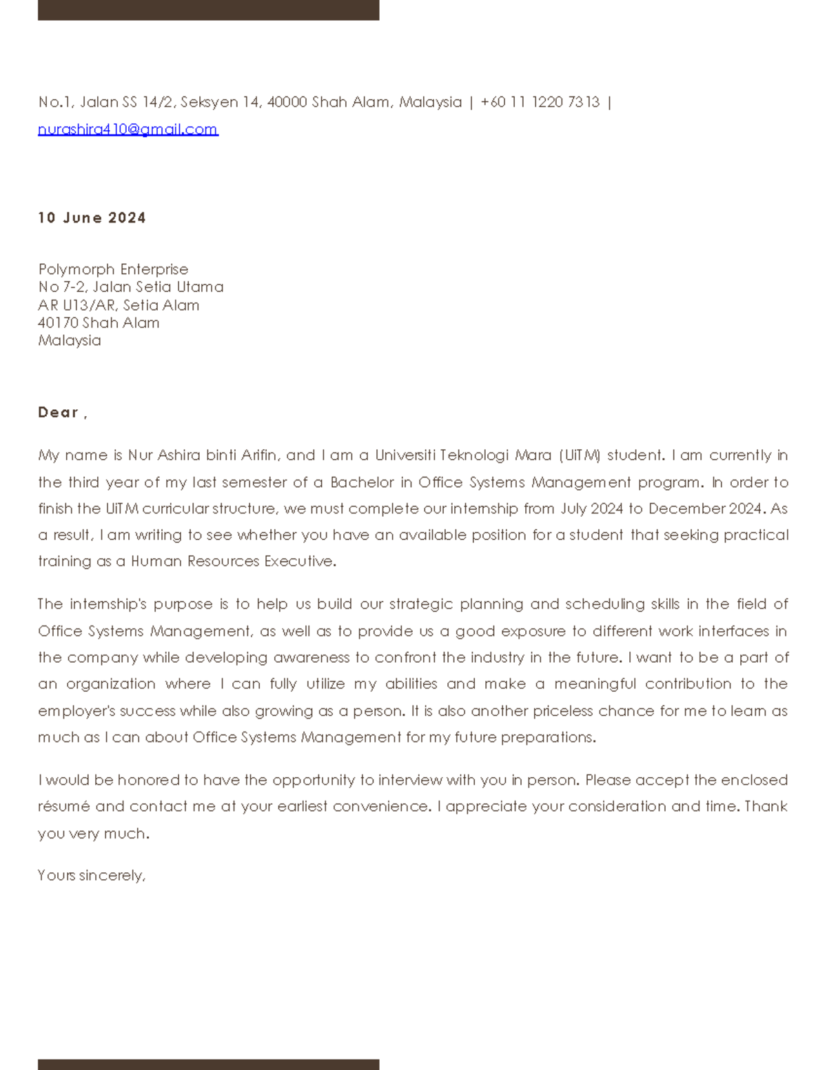 ASM452 Cover Letter - No, Jalan SS 14/2, Seksyen 14, 40000 Shah Alam ...