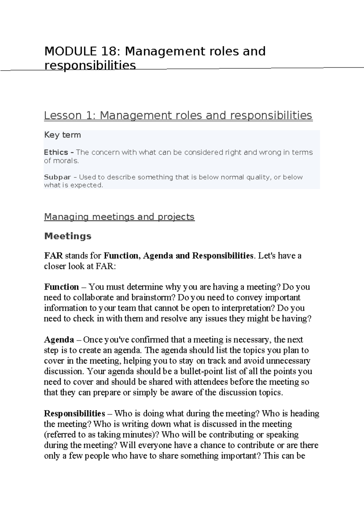 Module 18- Management roles and responsibilities - MODULE 18 ...