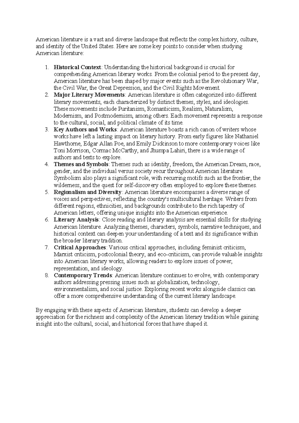 Study notes - American literature is a vast and diverse landscape that ...