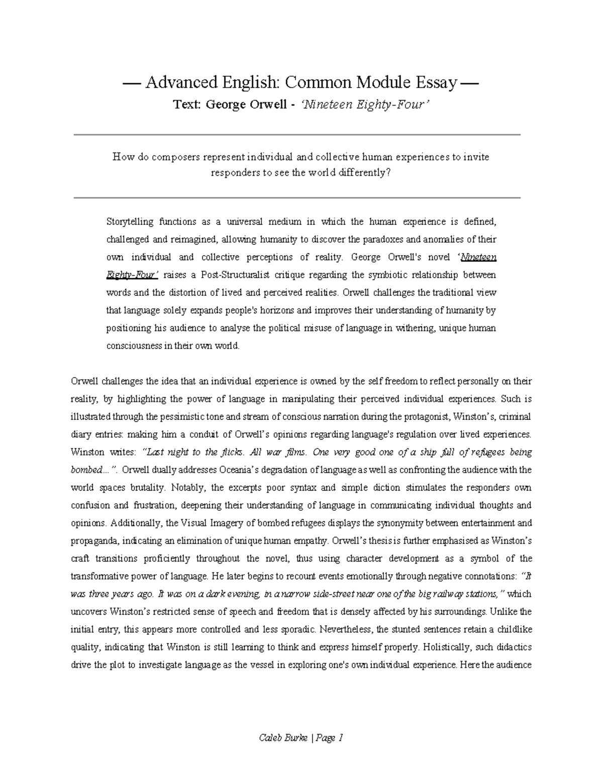 2020 EA - Common Module – George Orwell – Nineteen Eighty Four – Essay ...