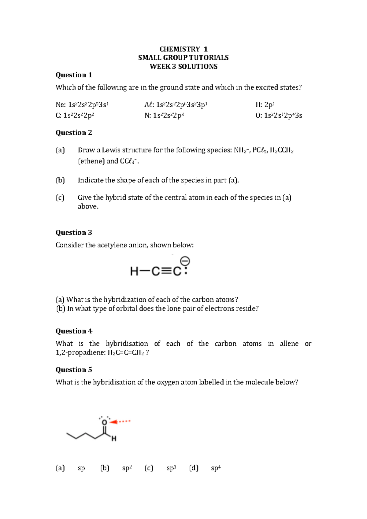 2024 Week 3 small group tutorial solutions - CHEMISTRY 1 SMALL GROUP TUTORIALS WEEK 3 SOLUTIONS ...